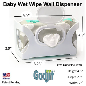 Gadjit Baby Wet Wipes, Hand Wipes Wall Dispenser | Mounts on a Wall and Holds Up to an 84 Count Pack of Wipes | Keeps Wipes Always Within Easy Reach of Messes (White)