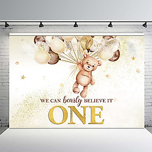 MEHOFOND Boy Girl 1st Birthday Bear Backdrop We Can Bearly Believe It One Happy First Birthday Banner Decorations Photography Background Kids Portrait Cake Table Supplies 7x5ft