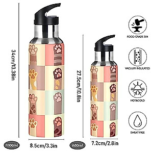 Kigai Cute Cat Paws Stainless Steel Sports Water Bottle BPA-Free Vacuum Insulated Leakproof Wide Mouth Flask with Straw Lid Keeps Liquids Cold or Hot for Gym Travel Camping