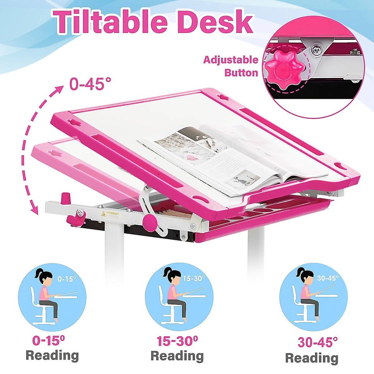 Ruesleag Kids Desk Chair Set,Children’s Study Desk Multi-Func Height Adjustable Desk and Chair School Writing Computer Table w/Pull Out Drawer Storage 45°Tilted Desktop for School Home Boys&Girls,Pink