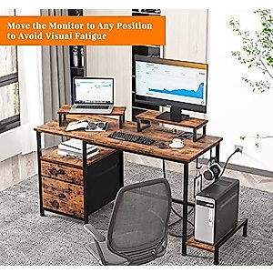 Furologee Computer Desk with Drawer and Power Outlets, 47" Office Desk with 2 Monitor Stands and Fabric File Cabinet, Writing Gaming Table with Shelves and 2 Hooks for Home Office, Rustic Brown