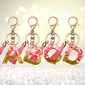 Letter Initial Keychains for Women Tassel Bling White Pink Cute shiny Keychain for Car key Backpack Purses Wallet (Pink Tassel A)