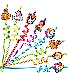 24 Bad Bunny Party Favors Reusable Drinking Straws 6 Designs Great for Bad Bunny Birthday Party Supplies with 2 Cleaning Brushes