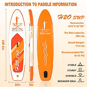 H2OSUP Inflatable Paddle-boards 10'6''/126'' x 30'' x 6'' White-Orange, Ultra-Light, Wide Stable Design, Non-Slip Deck for Surfing, Paddleboarding, Yoga, Touring
