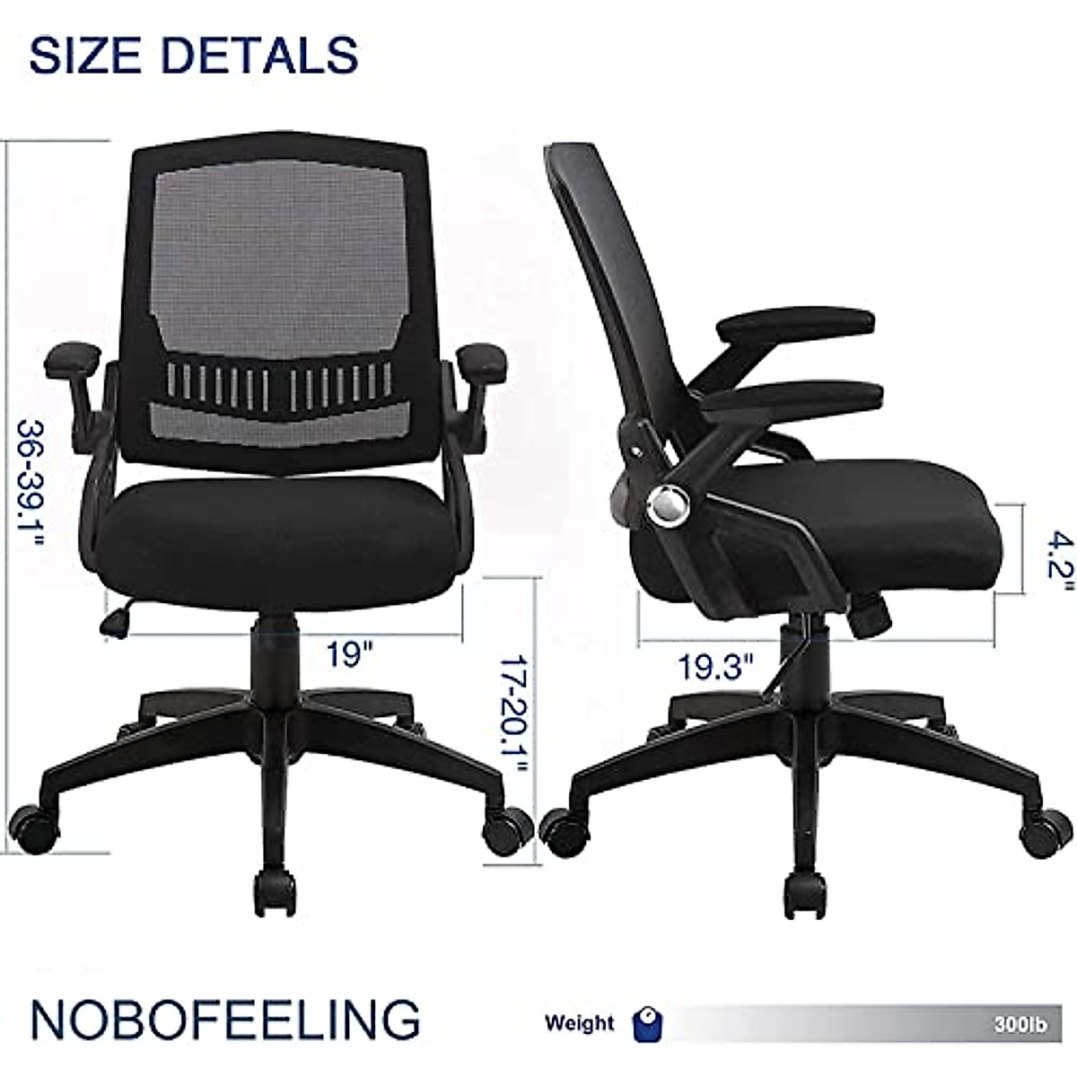 Nobofeeling Office Chair, Mesh Desk Executive Chair with 90° Flip-up Arms & Thick Cushion, Task Computer Home Chair with 5 Years Warranty, Black (Modern, Black) (Modern, Black)