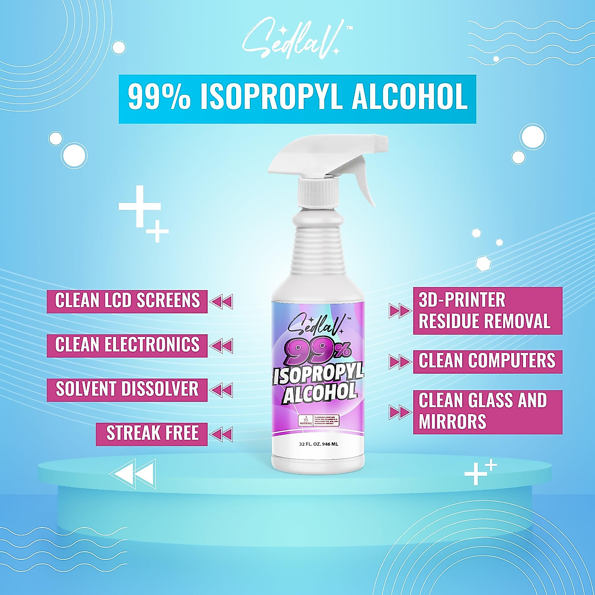 SEDLAV Isopropyl Alcohol 99% Spray 32 Fl Oz Spray Bottle Rubbing Alcohol Sprayer 99 Percent Isopropyl Alcohol Spray Technical Use (1)