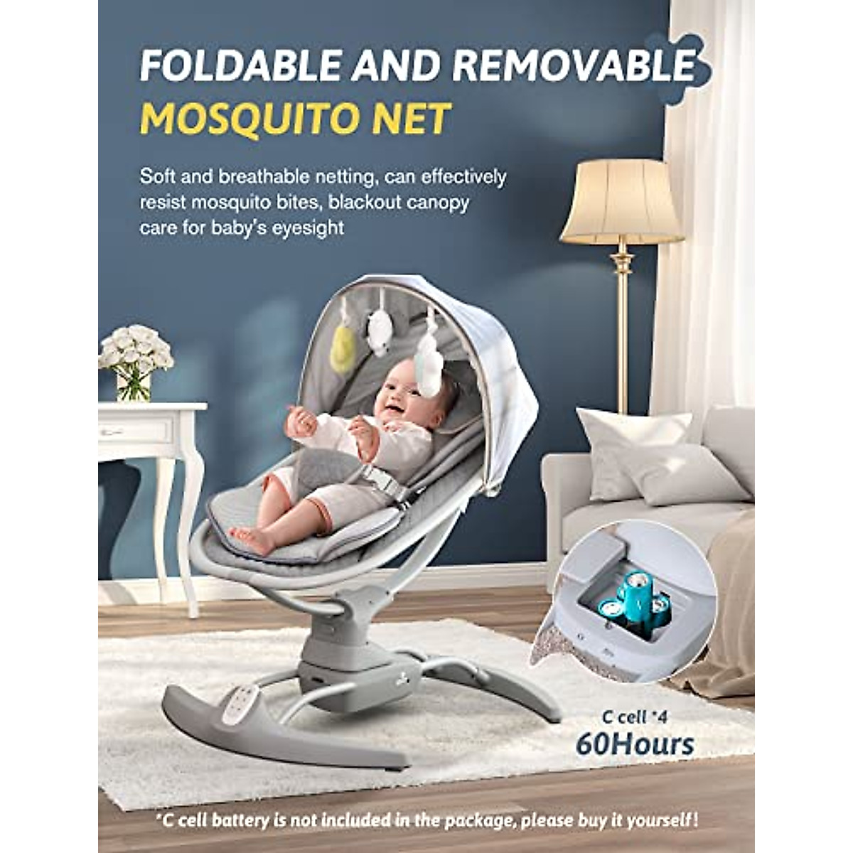 Baby Swings for Infants, Electric Portable Baby Swing by Remote Control 3 Swing Speeds and Music Speaker, Adjustable Recline Baby Bouncer with Harness Belt Suitable for 5-20 lbs Newborn Toddler