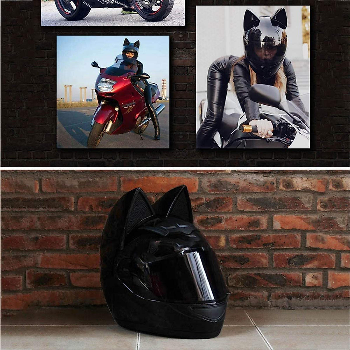 Adult Personalized Cat Ear Motorcycle Helmet,Men and Women Cool Cat Locomotive Motorcycle Full Face Helmet,DOT/FMVSS-218 Certification Standard,Suitable for All Seasons