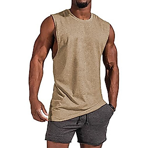 Aoysky Mens Crewneck Tank Tops Athletic Beach Sleeveless Shirts Khaki