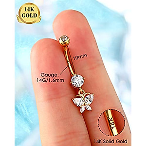 Melighting Gold Belly Rings 14K Solid Gold Butterfly Belly Button Rings for Women Gold Dangle Belly Piercing Clear CZ Gold Navel Rings for Woman Body Piercing Jewelry