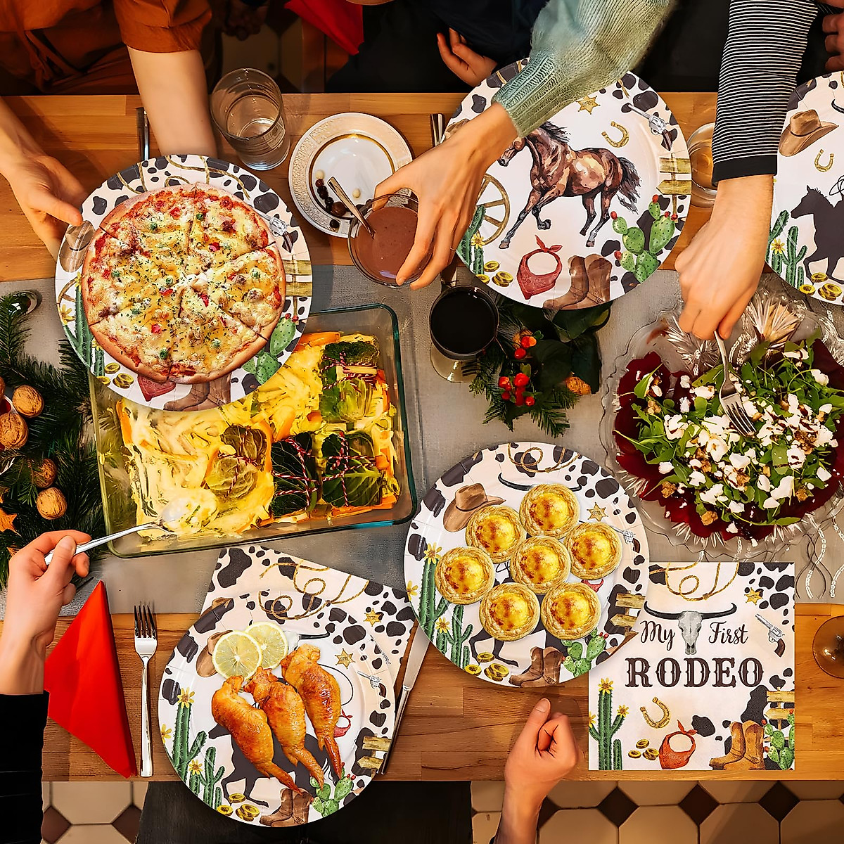 BORAENDEY 180PCS Cowboy Party Supplies Serve 60,Western Cowboy Rodeo Theme Party Paper Plates and Napkins Kit for Birthday Party Baby Shower Party Decorations,Includes Paper Plate,Napkin.