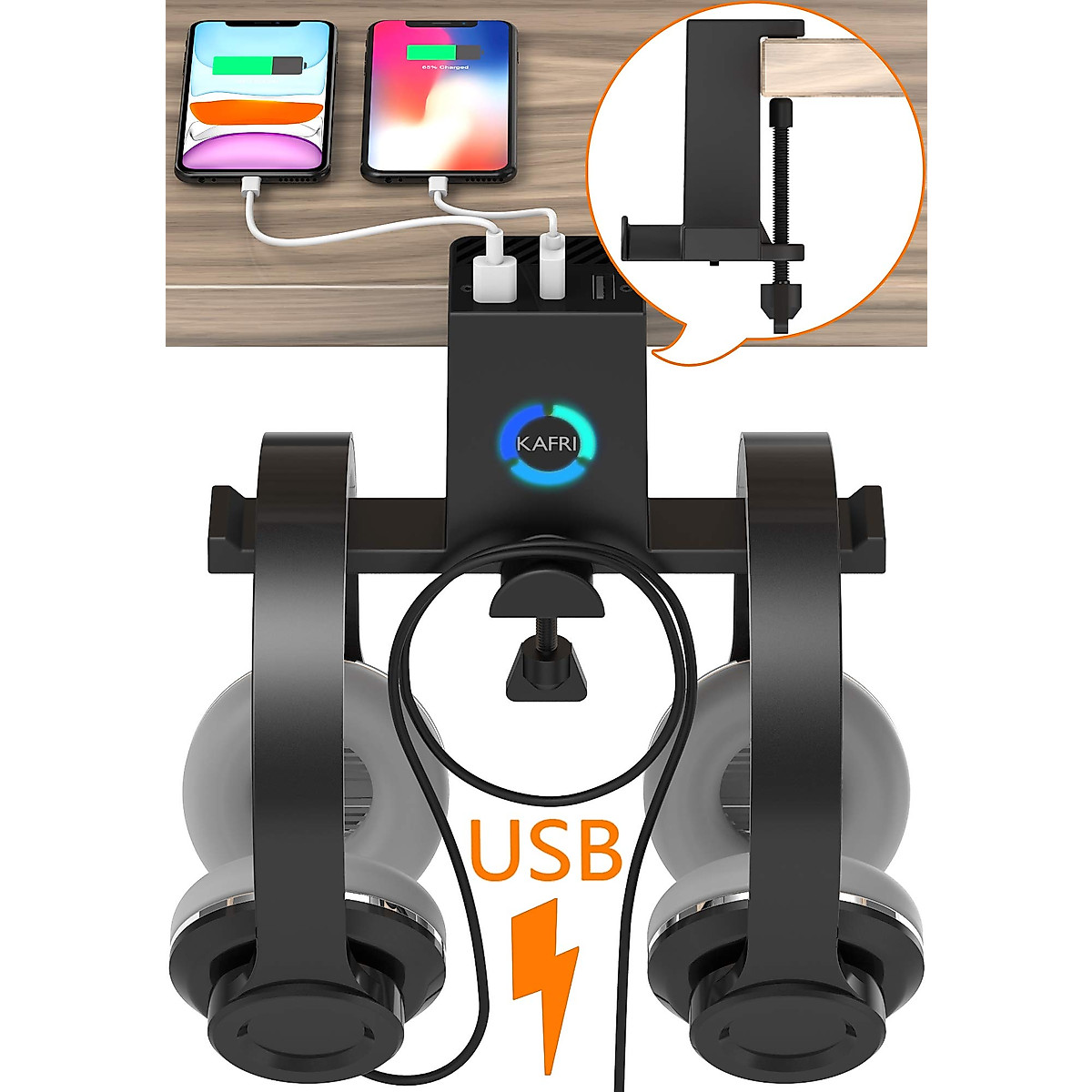 KAFRI RGB Headphone Stand Hanger with USB C Charger, Under Desk Dual Headset Holder Earphone Hook Mount Rack with 3 USB Charging Ports, PC Gaming Desk Accessories