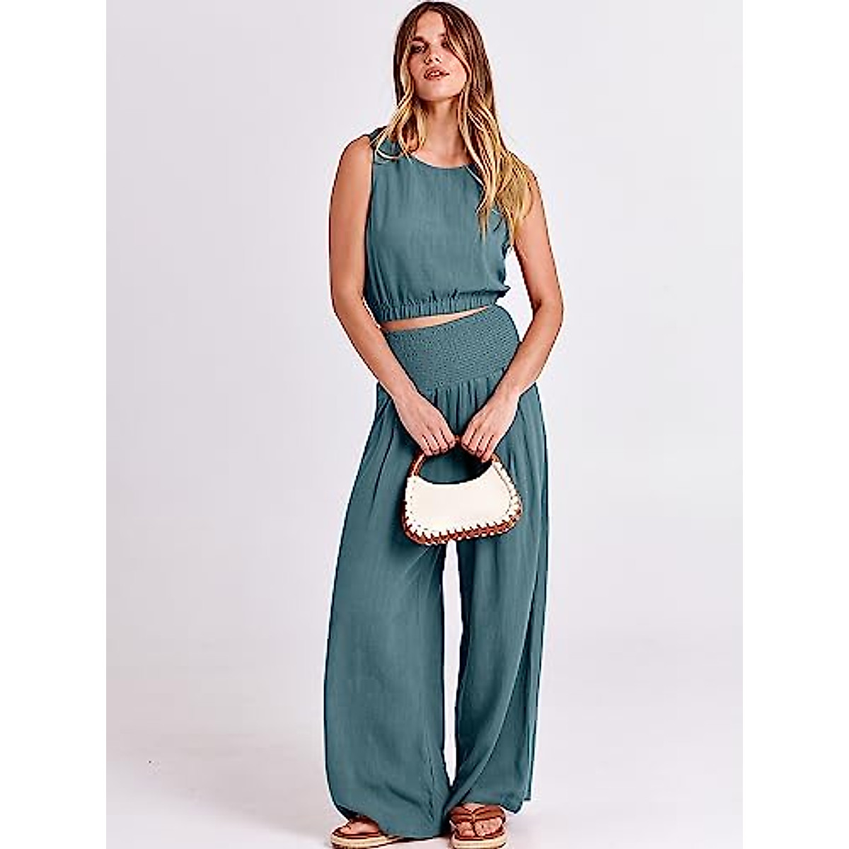 ANRABESS 2 Piece Summer Outfits for Women Casual Lounge Matching Sets Linen Crop Top Long Smocked Waistband Pants Jumpsuits Summer Vacation 2023 Fashion Clothes A1093hulv-M