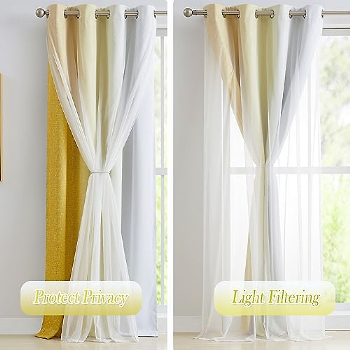 Geomoroccan Ombre Blackout with White Lace Sheer Elegant Layered Curtains,Mix and Match Grommet Thermal Insulated Curtain for Bedroom and Living Room 2 Panels (52"x84",Yellow and White)