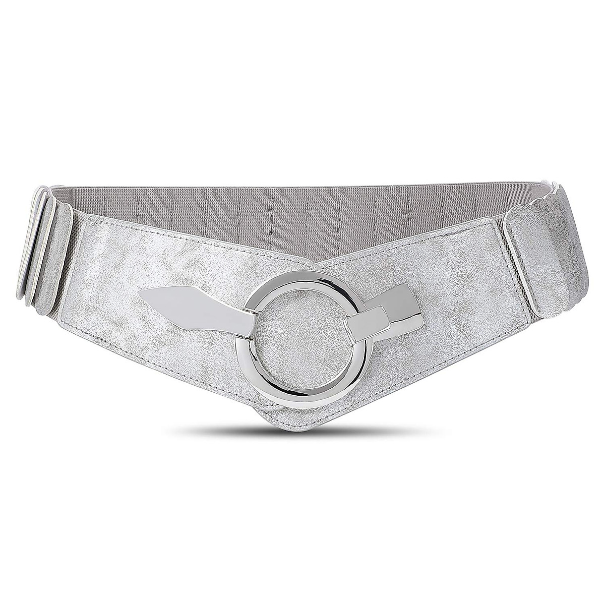 WHIPPY Women Wide Elastic Waist Belt Vintage Wide Stretch Waist Belt Fashion Retro Leather Waistband for Dresses, Silver, XS