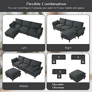 Wrofly L-Shaped Sectional Sofa Couch, 94" Comfy Chenille Deep Seat Cloud Couch with Convertible Ottoman & 2 Pillows, Modern Oversized 3 Seater Sleeper Sofa Set for Living Room Office, Dark Grey