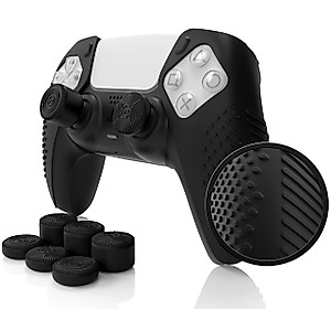 Foamy Lizard SensePro PS5 Controller Skin | Dock Compatible, Soft Flat Anti-Slip Studded Silicone Gel Grip Cover for PlayStation 5 Dualsense, Rubber Protector Plus 8 Raised Thumb Grip Caps (Black)