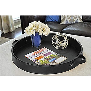 HofferRuffer PU Leather Round Tray, Serving Tray with Handles, Decorative Catchall Vanity Tray, Coffee Tray, Faux Leather Ottoman Tray for Home Or Office, Diameter 14.6-inch (Black)