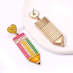 2/3Pairs Teacher Earrings for Women Beaded Pencil Dangle Earrings Statement Apple Book Drop Earrings Teacher Appreciation Gifts Back To School Jewelry Set (2 Pairs 4)