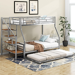 Bellemave Twin Over Full Metal Bunk Beds with Trundle and Storage Staircase,Heavy-Duty Metal Bunk Bed Frame for Kids,Teens,Adults，Space-Saving,Silver