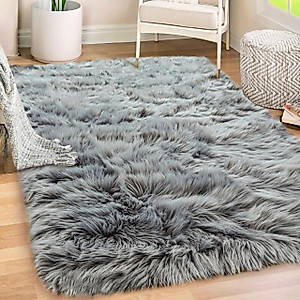 Gorilla Grip Fluffy Faux Fur Rug, 6x9, Machine Washable Soft Furry Area Rugs, Durable Rubber Backing, Plush Floor Carpets for Baby Nursery, Bedroom, Living Room Shag Carpet, Luxury Home Decor, Gray
