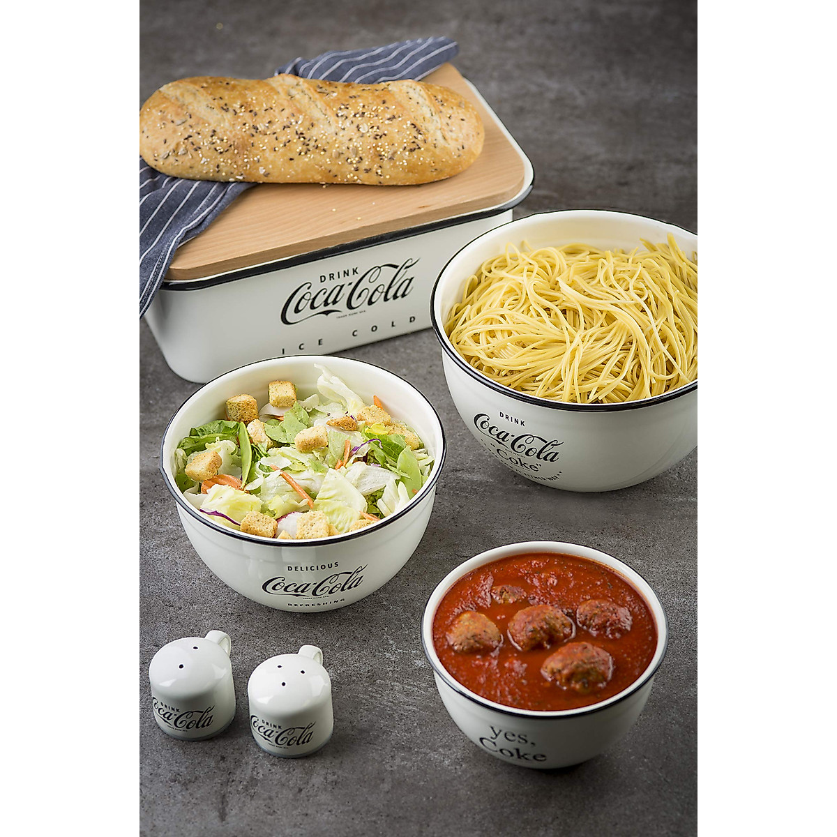TableCraft's Coca-Cola Enamel Mixing Bowls, S: 7'' dia, M: 8.5'' dia, L: 1.25'' dia, White