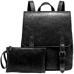LOVEVOOK Leather Backpack Purse Black Vintage Backpack for Women Girls Travel Daypacks Bags Fits for Ipad with Small Clutch 2pcs