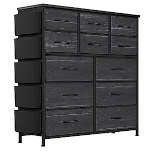 12 Dresser for Bedroom, Chest of Drawers for Bedroom with Side Pockets and Hooks, Fabric Storage Dresser, Sturdy Steel Frame, Wood Top, Easy Pull Handle (Charcoal Black)