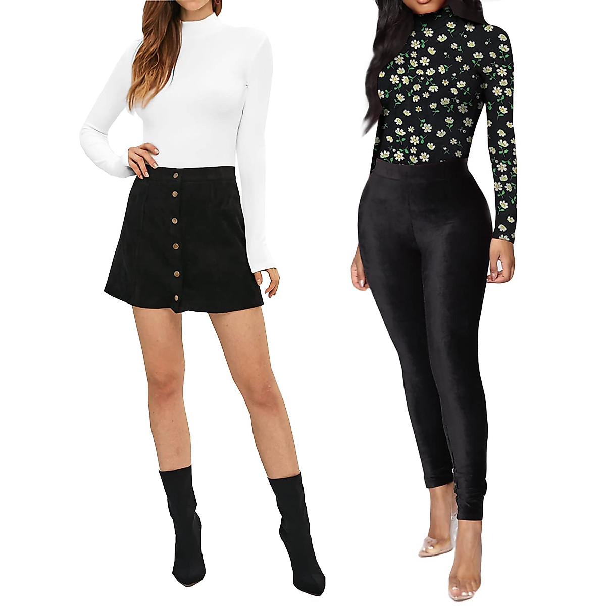 MANGOPOP Women's Mock Turtle Neck Long Sleeve Tops Bodysuit Jumpsuit (Long Sleeve 1#Little Daisy, Medium)