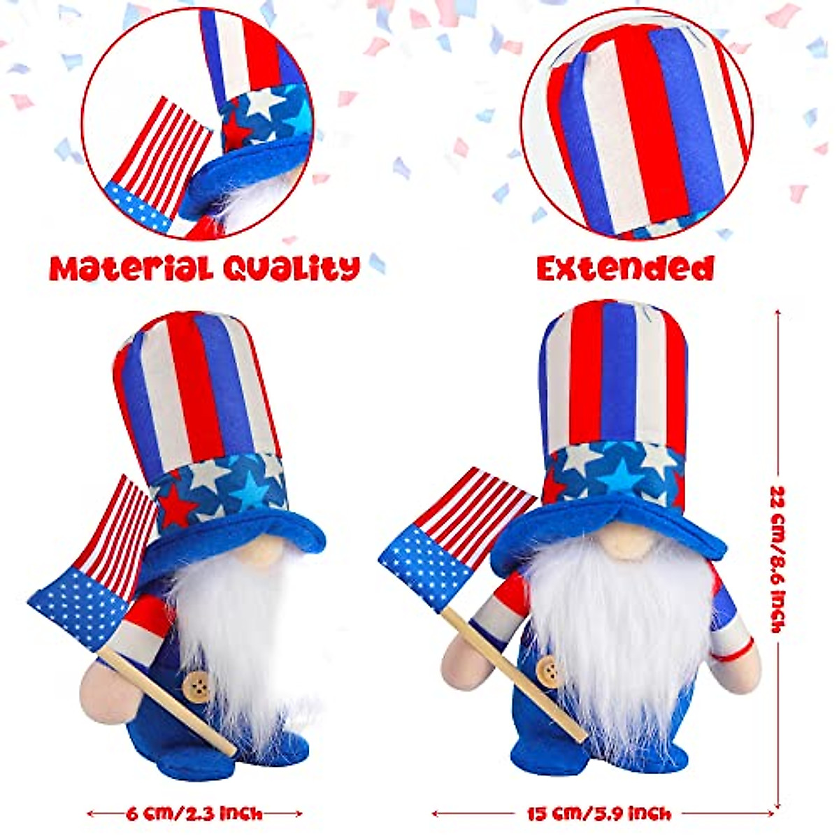 4th of July Decorations Gnomes, 2pcs Mr & Mrs. Gnomes Plush Memorial Veterans Armed Forces Day Decor, Handmade USA Gnome Tabletop Sign Ornaments Party Supplies for Fourth of July Patriotic Day