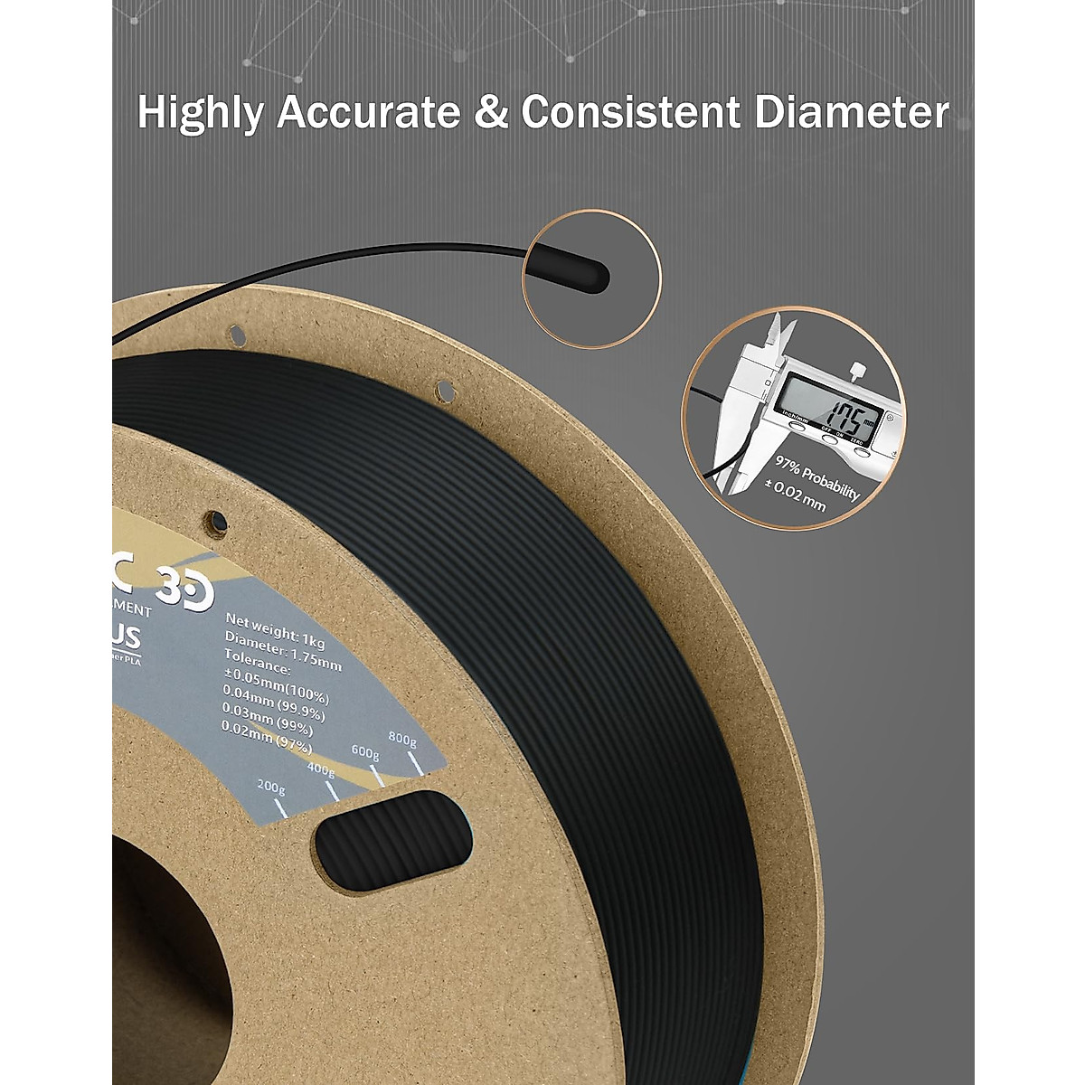 DURAMIC 3D PLA+ Filament 1.75mm 1Kg Black, PLA Plus 3D Printer Filament 1Kg Spool(2.2lbs) PLA Pro Tougher and Stronger, Dimensional Accuracy Probability +/- 0.02mm