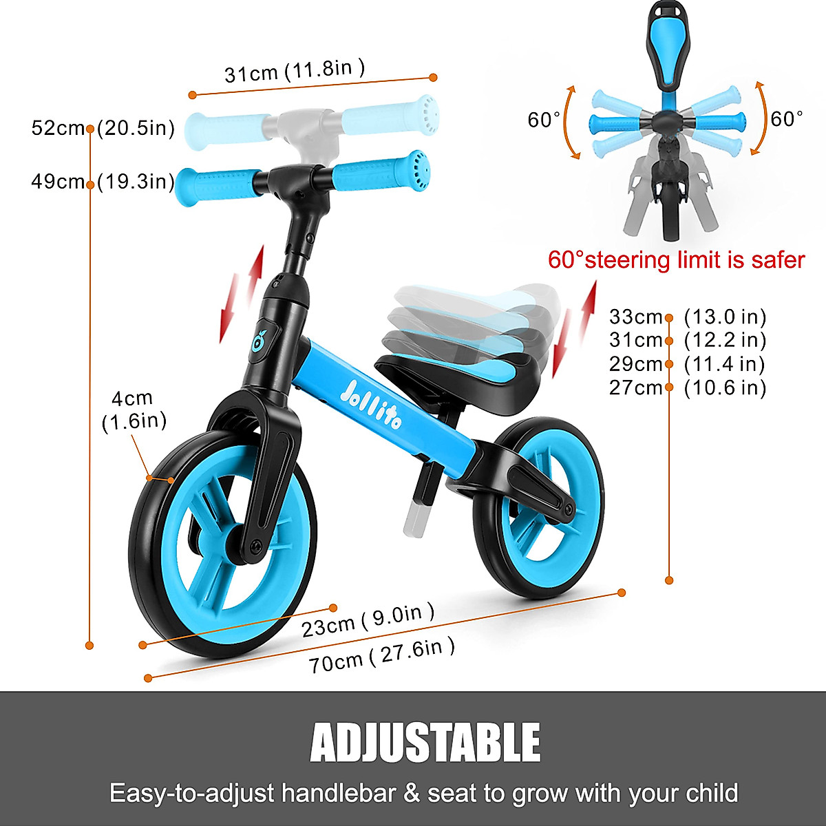 JOLLITO Toddler Balance Bike for 18 Months, 2, 3, 4 Years Old Girl Boy, Adjustable Seat and Handlebar, 9 Inch Wheel, Aluminium Frame, Best Gift for Beginners