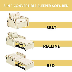 3 in 1 Sleeper Sofa Chair Bed,Velvet Convertible Sleeper Chair Bed,Pull Out Bed Chair With USB Port & Ashtray and Swivel Phone Stand & Storage Pockets,Modern Chair Sleeper Bed for Living Room