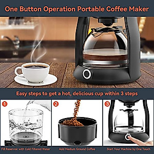 Tredy 2-Cup Coffee Maker, One Touch Automatic Drip Coffee Machine with Removable Water Reservoir, Glass Carafe, Automatic Shut Off & Warm Plate for Home Office(480ML/16OZ)