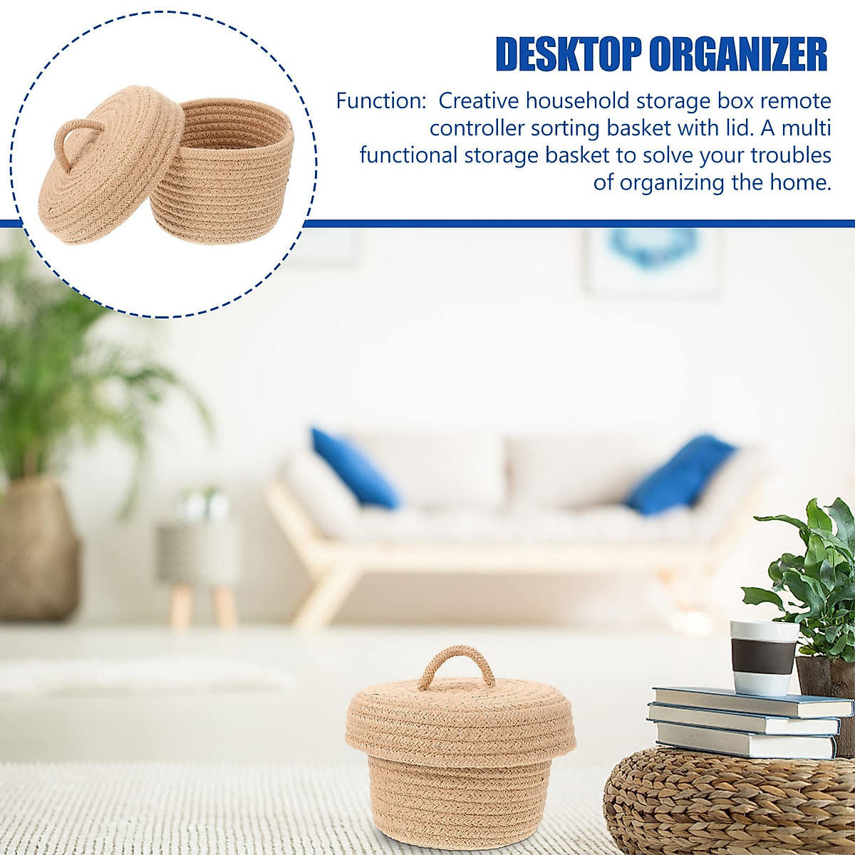 MOBUTOFU Storage Basket Woven Desktop Sundries Basket Tray Decor Snack Containers Pastoral Style Storage Holder Toy Storage Bins with Lids Jute Basket Snacks Container Cotton Rope Brown