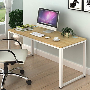 SHW Home Office 55-Inch Large Computer Desk, 24" Deep, White Frame with Oak Top