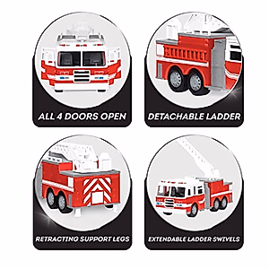 Driven by Battat – 4 Toy Vehicles for Kids&Toddlers – 7.5" Crane Truck, 7.5" Tow Truck, 7.5" Fire Truck, 7" Log Truck – Lights & Sounds – Gift Construction Toys for 3 Year Old+