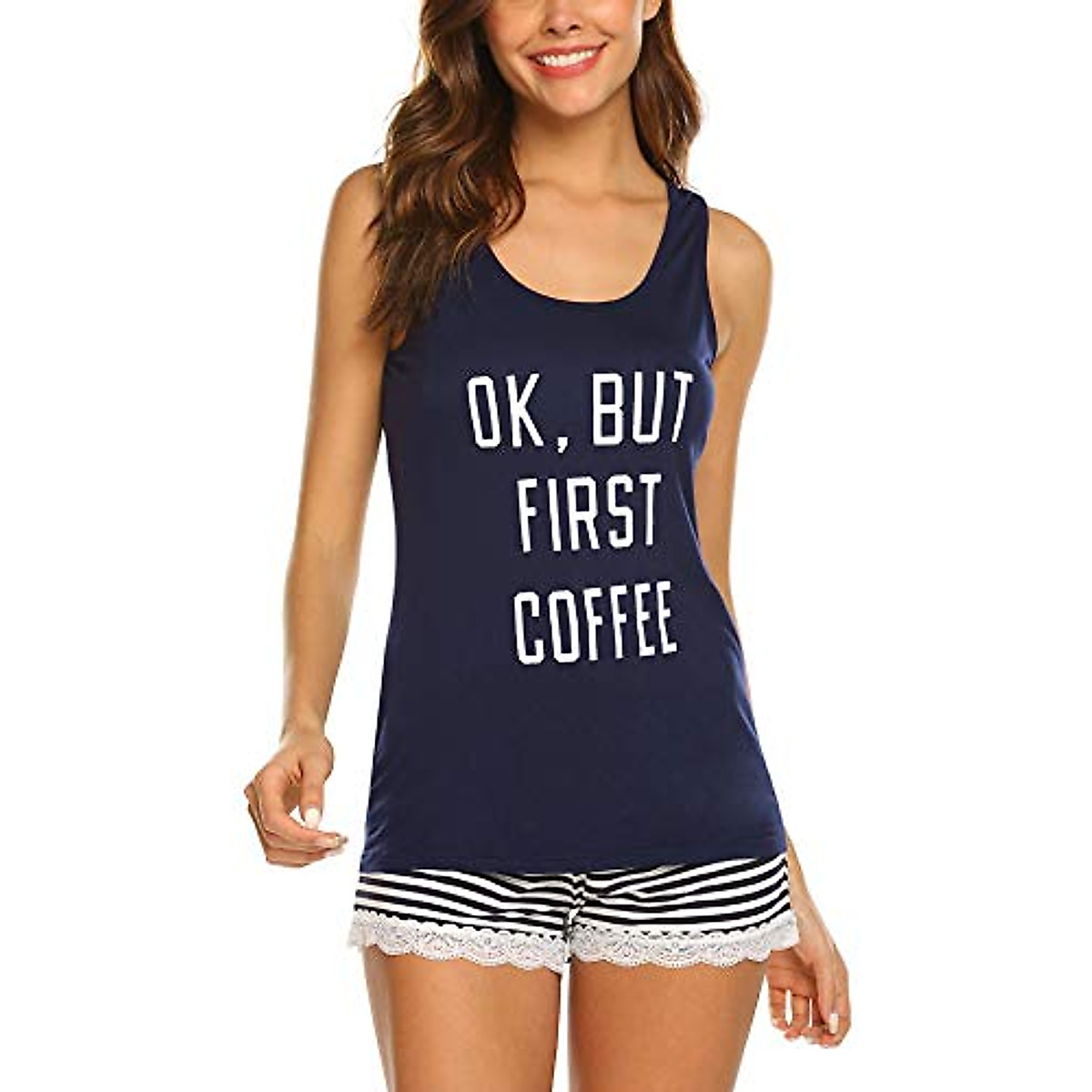 Ekouaer Pajamas for Women Summer Pjs for Women Set with Print Tank Top and Shorts Nightwear Navy Blue M