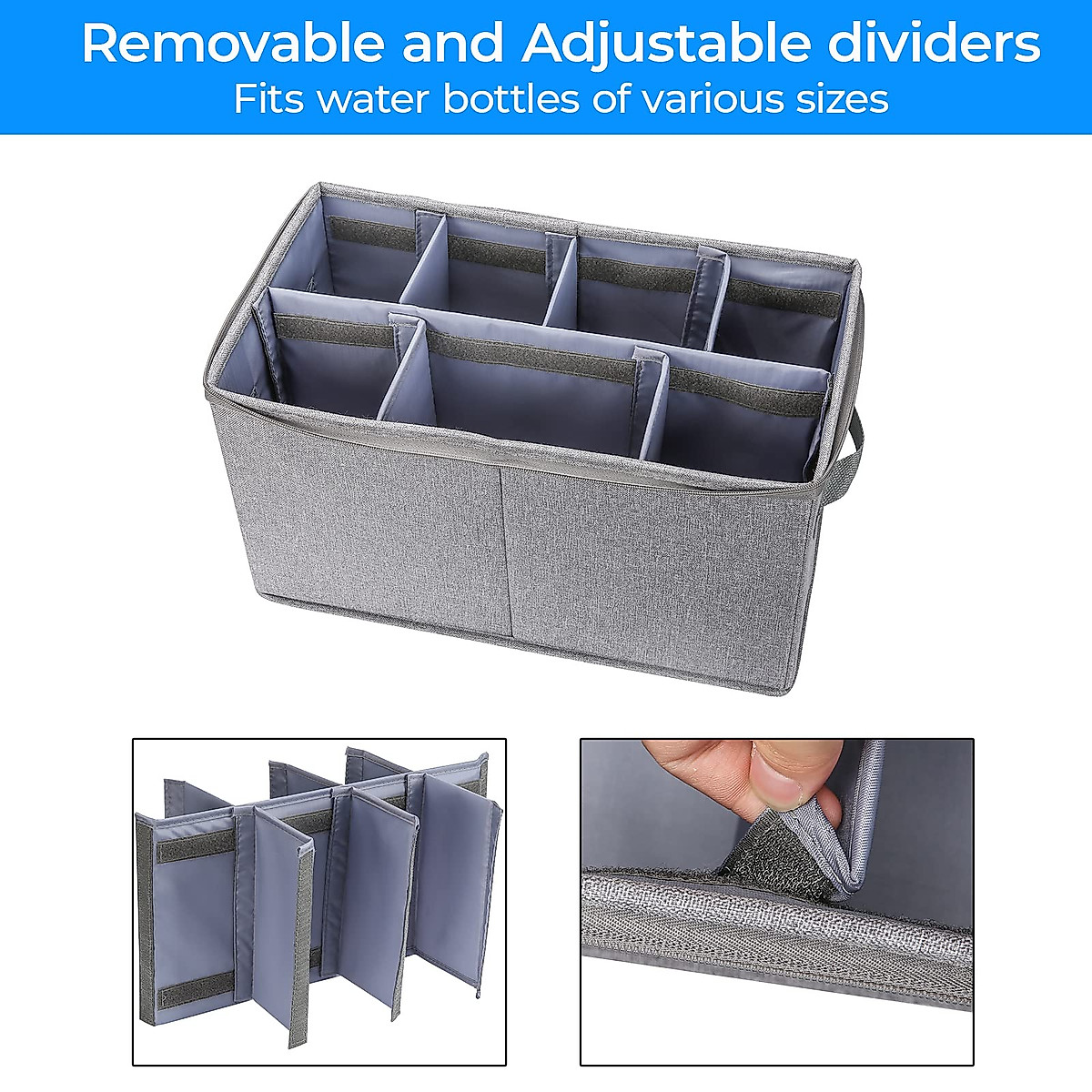 Puricon Water Bottle Storage Containers with Dividers, Drinkware Bottle Boxes Case with Lid for Kitchen Cabinet Cardboard Pantry Shelf -Grey