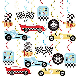 K KUMEED Race Car Two Fast Party Hanging Swirls Checkered Flags Racing Birthday Party Foil Ceiling Decorations for Kids Boys Men Racing Theme 2nd Birthday Party