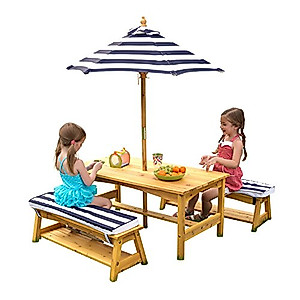 KidKraft Outdoor Table and Chair Set with Cushions and Navy Stripes & Outdoor Double Chaise Lounge, Honey/Navy/White, One Size
