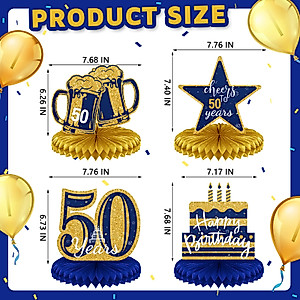 Spakon 8 Pieces 50th Birthday Decorations Glitter 50th Happy Birthday Honeycomb Centerpieces for Tables Fifty Years Blue and Gold Party Decorations Men and Woman Birthday Decorations