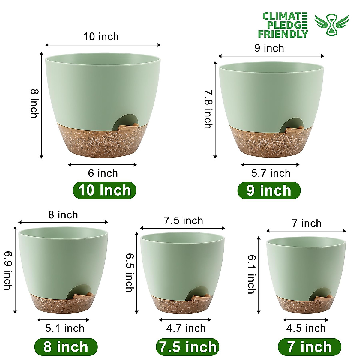 QRRICA Plant Pots 10/9/8/7.5/7 Inch Self Watering Pots, Set of 5 Plastic Planters with Drainage Holes and Saucers,Plastic Flower Pots,Nursery Planting Pot for Indoor Out Door Plants（Green）