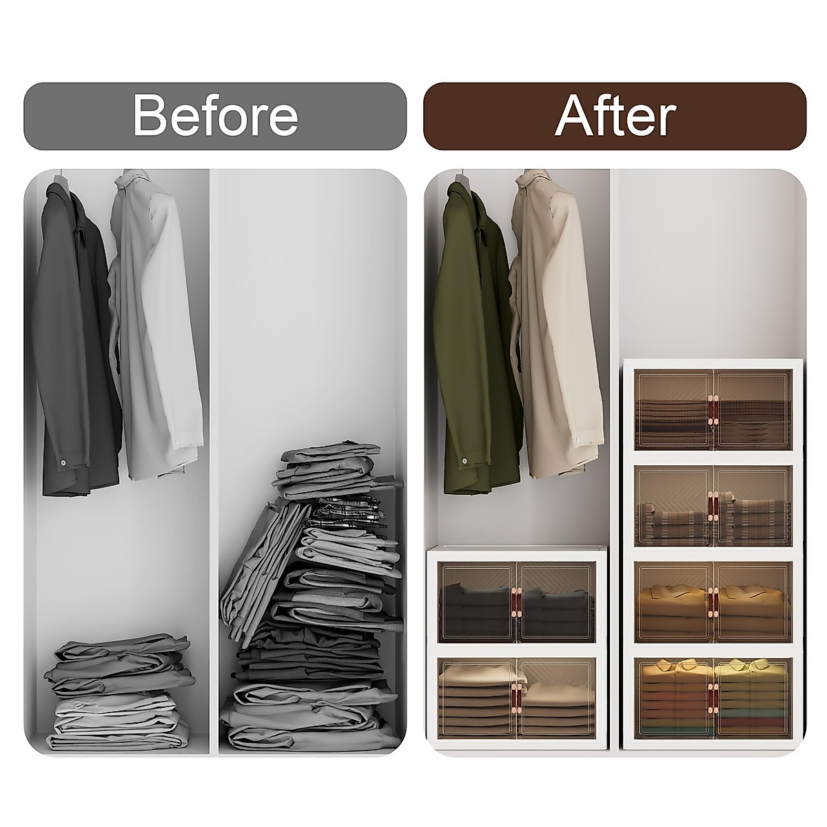 JOYMOOP Folding Storage Bins Organizer, 49.6 Quart Collapsible Storage Box with Wheels and Door, Stackble Plastic Storage Container for Clothing, Books and Sundries (XL-12.4Gal-5Tiers, White)