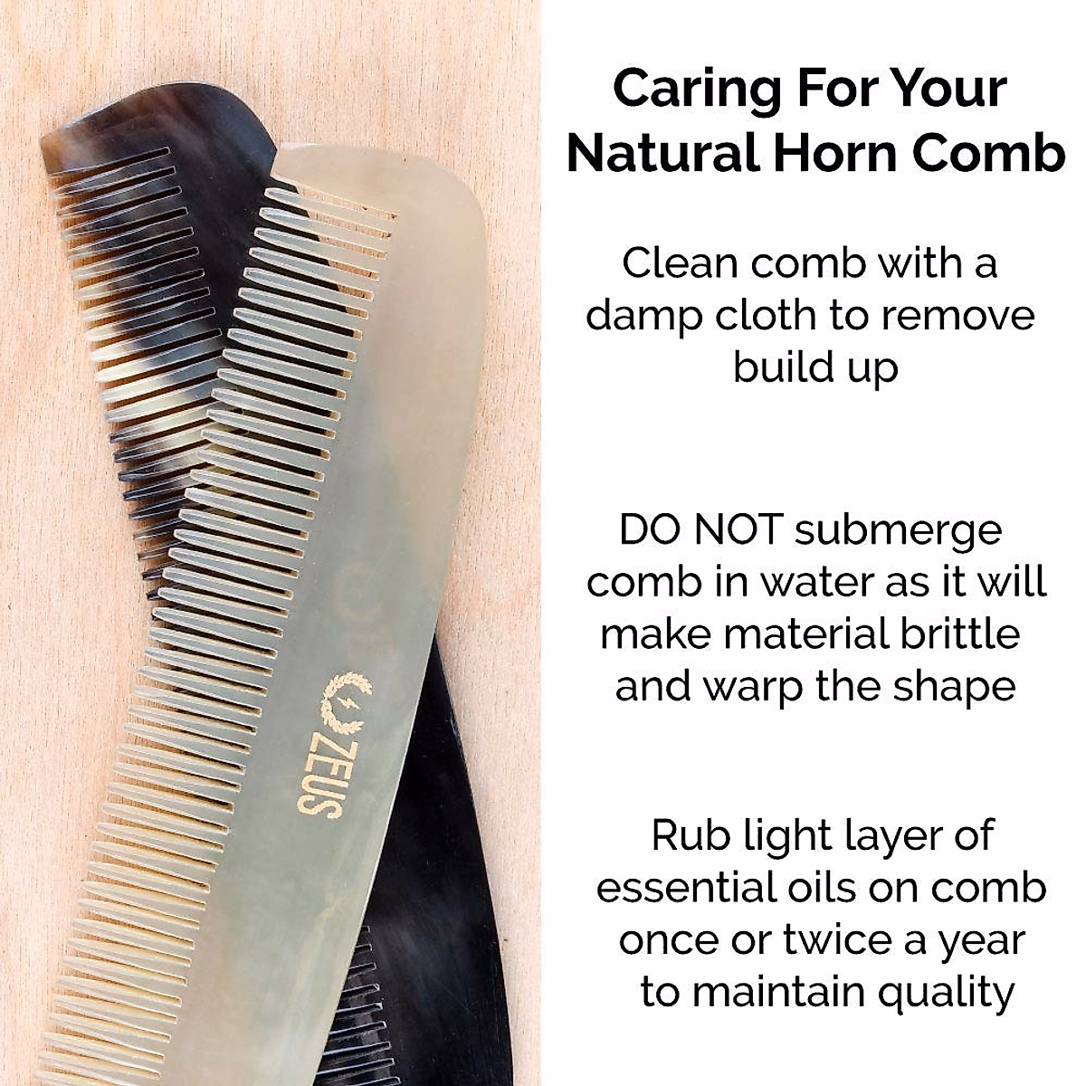 ZEUS Wide Tooth Natural Horn Beard Comb w/Leather Case, Saw-Cut, Anti-Static, Tames, Smooth Glide for Long/Thick Beards