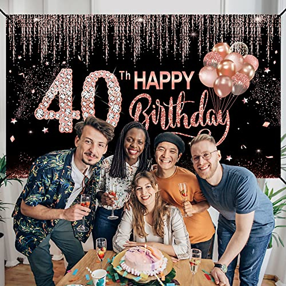 Happy 40th Birthday Banner Decorations for Women, Rose Gold 40 Year Old Birthday Backdrop Sign Party Supplies, Large Happy Forty Birthday Photo Booth Props Background for Outdoor Indoor
