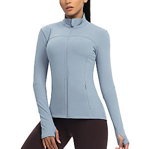 AVGO Workout Jackets for Women, Fleece Jackets Full Zip Long Sleeves Running Track Jacket with Pockets(Milk Gray,Small)