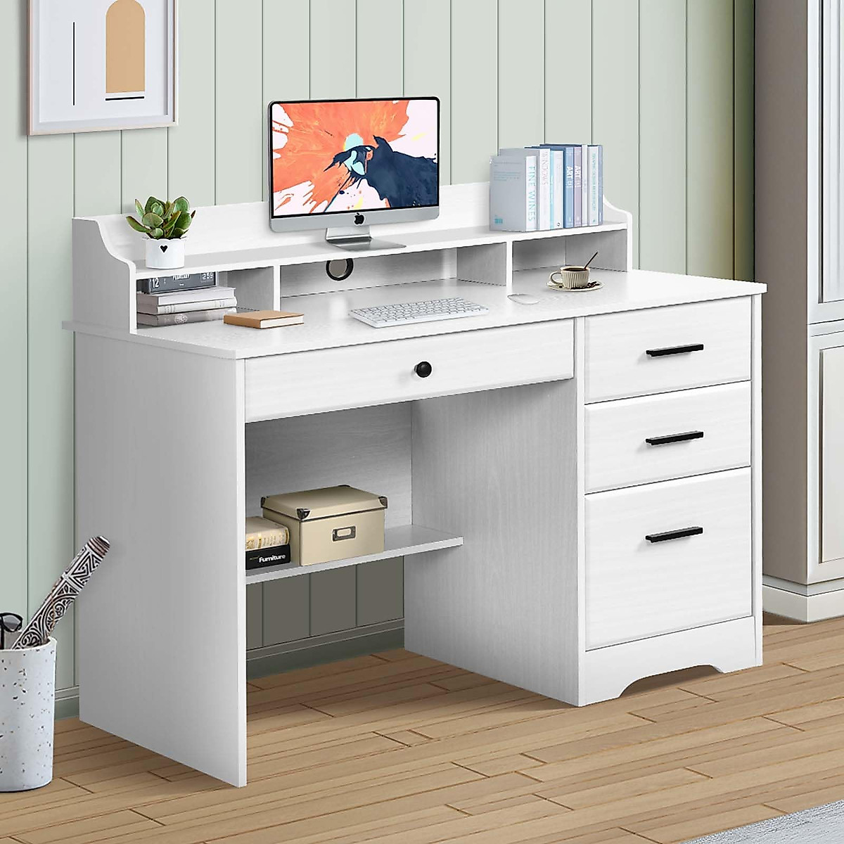 MaverickFurni White Desk with 4 Drawers, Computer Desk with Drawers and Hutch&Shelf, Wood Writing Home Office Workstation, Student Desks for Bedooms with Drawers, 38.2” H x20.5” D x44” W - White