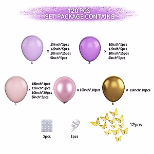 Purple and Pink Balloon Arch Kit, Pink Purple Gold Balloons Garland Kit with Butterfly Sticker for Purple Theme Birthday Party Bridal Wedding Decorations Baby Shower for Girl Women