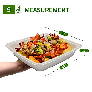 AICHEF 50 Pack 42 oz Compostable Deep Dish Plates, Extra Large Deep Square Disposable Food Trays for Seafood BBQ Large Salad - 9x9x1.7 inch